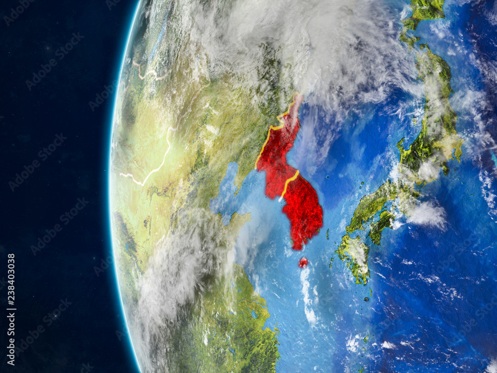 Korea from space on model of planet Earth with country borders and very ...