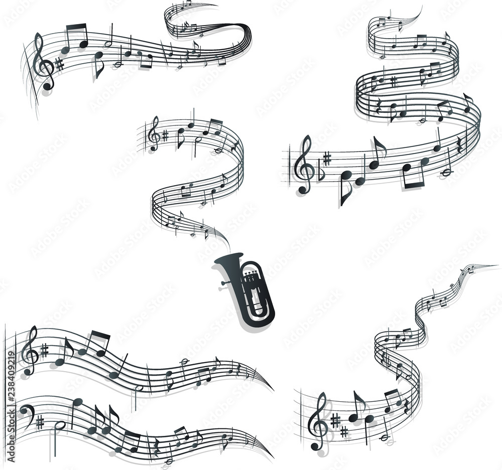 Wavy musical scores and notes vector illustration. Five abstract wavy ...