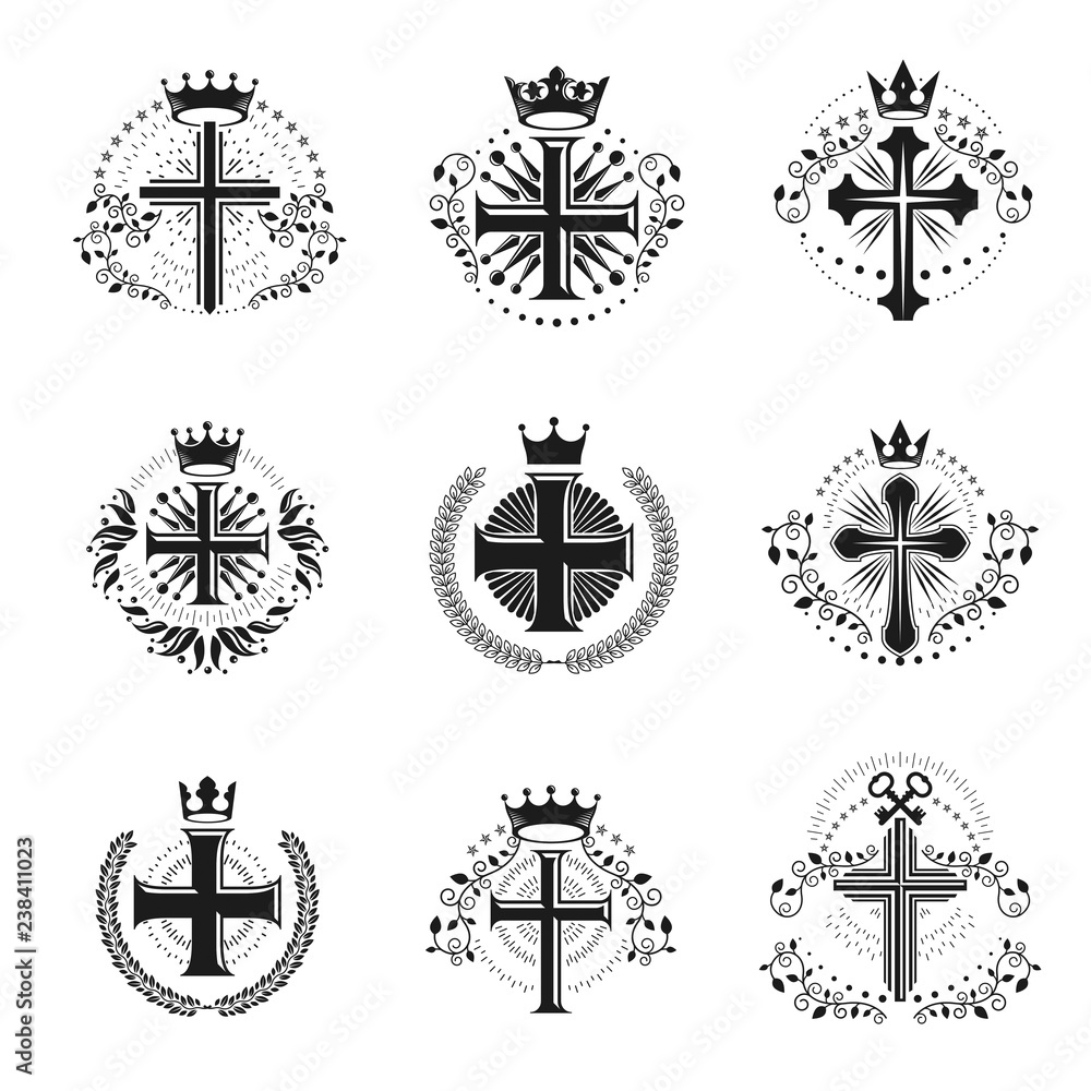 Crosses Religious emblems set. Heraldic Coat of Arms, vintage vector ...