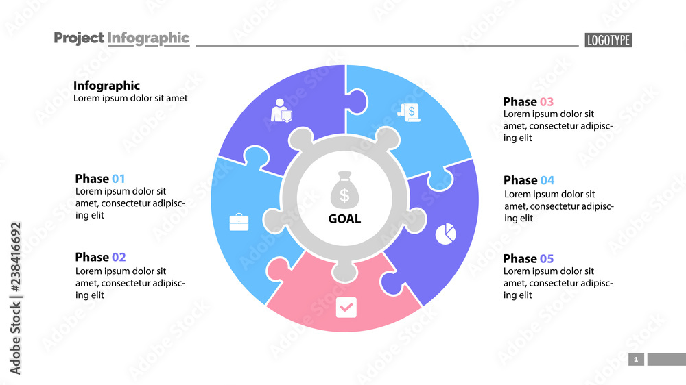 Five elements process chart slide template. Business data. Plan, circle ...