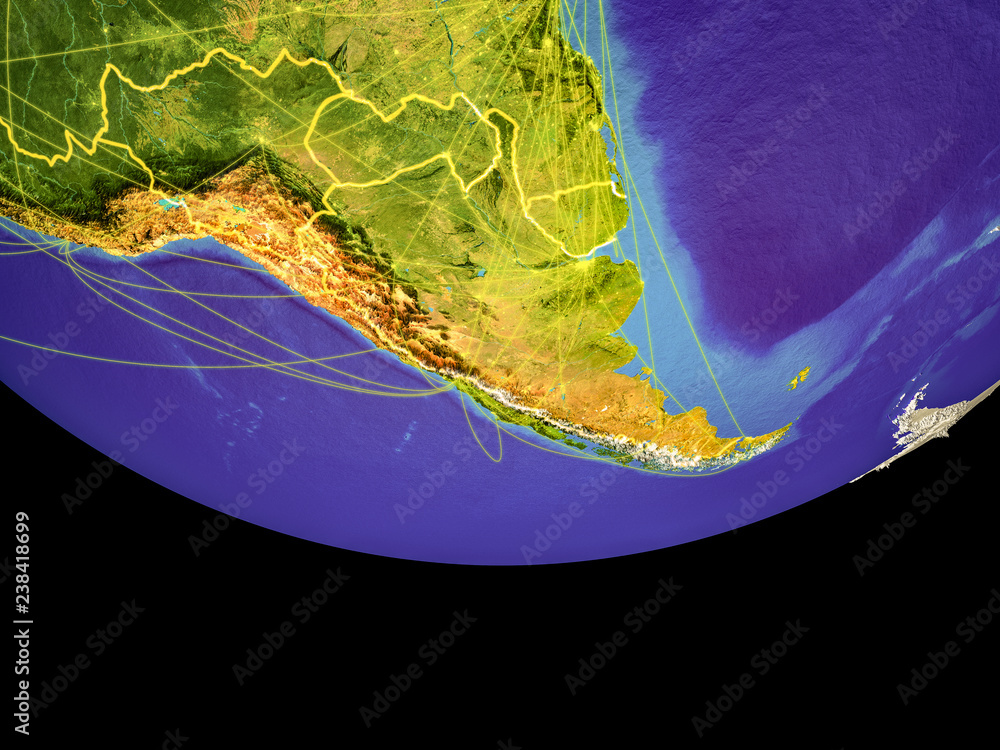 Southern Cone from space on Earth with country borders and lines ...