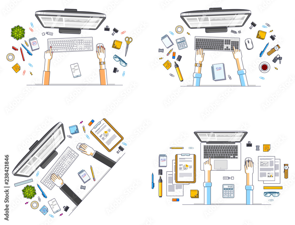 Office workers or entrepreneurs working on a PC computers, top view of ...