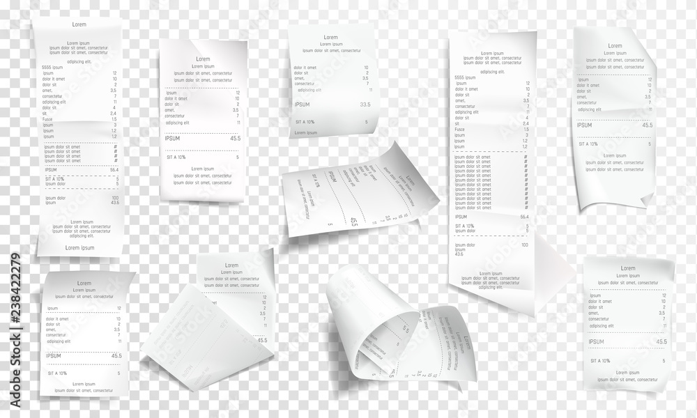 Vector realistic receipt collection, white paper with payment isolated ...