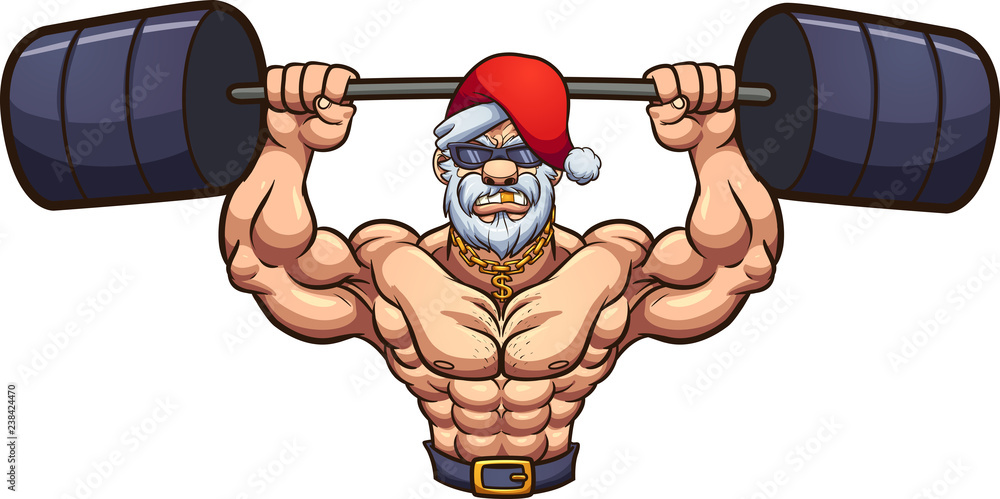 Strong Santa Claus lifting weights. Vector clip art illustration with ...