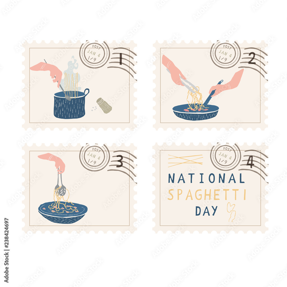 Vetor de National Spaghetti Day Postage Stamps. Hand Drawn Vector ...