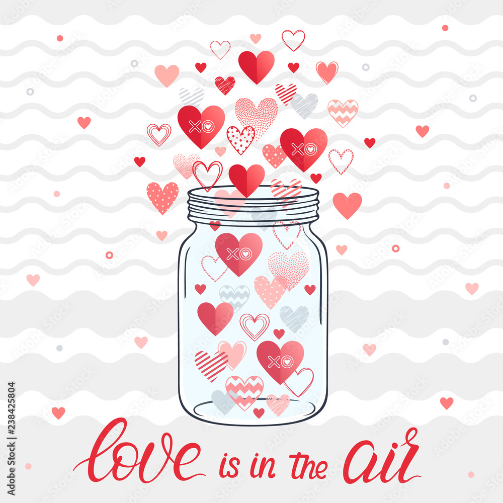 Mason jar with lettering,different hearts,hugs and kisses.Romantic ...