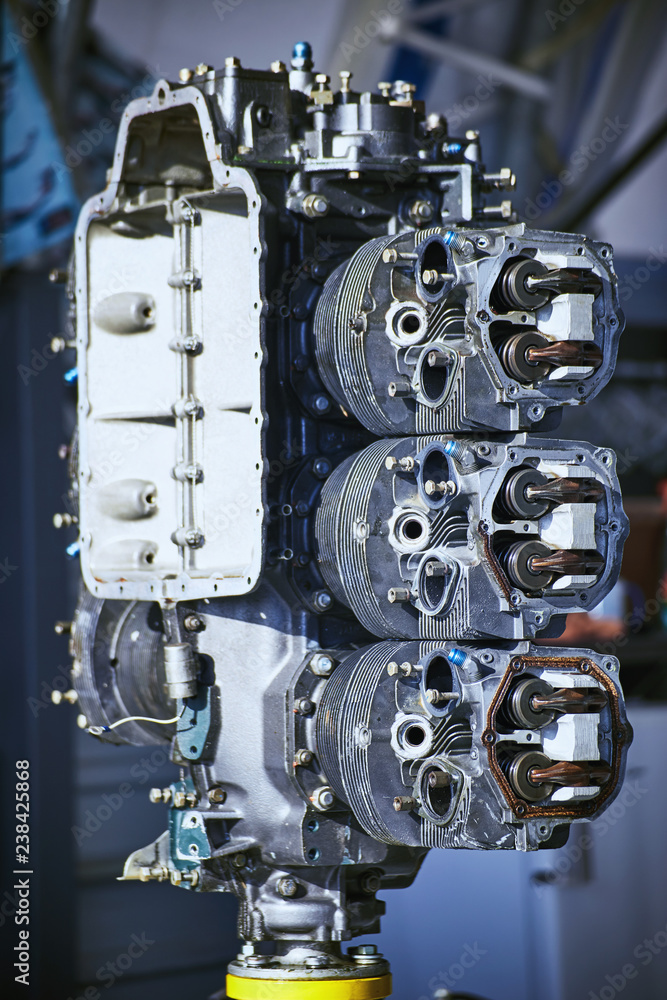 Aviation six-cylinder boxer engine air cooling shot for repair. Stock ...