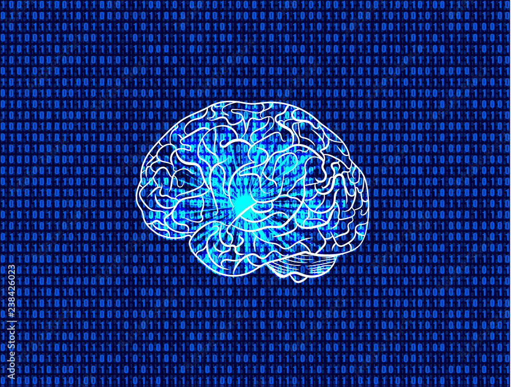 Vector Cyber Mind Illustration, Binary Code Background and Glowing ...