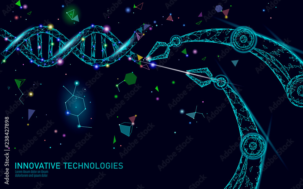 DNA 3D structure editing medicine concept. Low poly polygonal triangle ...