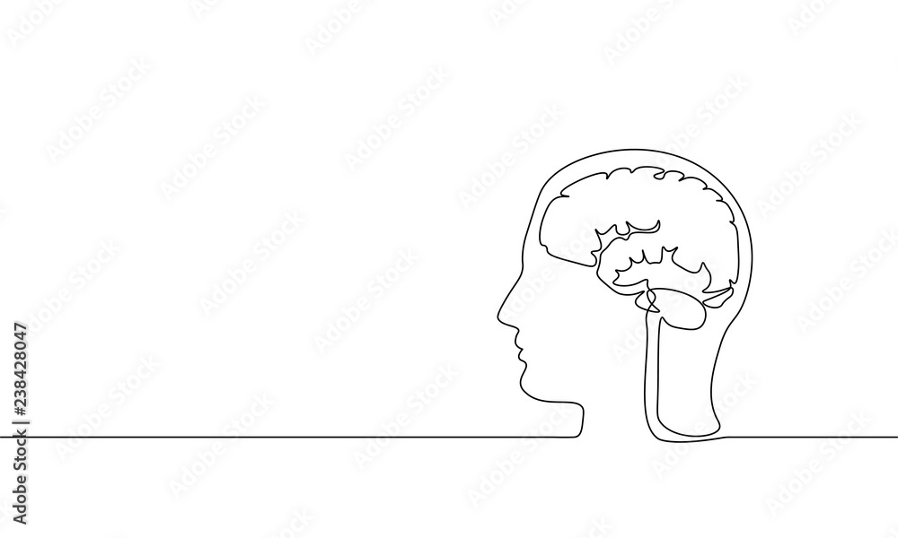 Brain virtual reality single continuous line art. Mind imagination ...