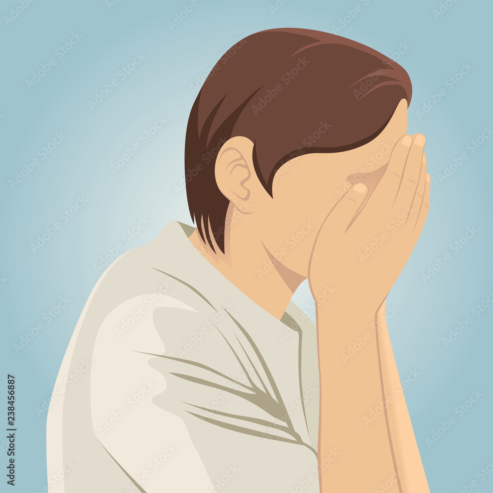 Sad depressed man with hands on face and blue background Stock Vector ...