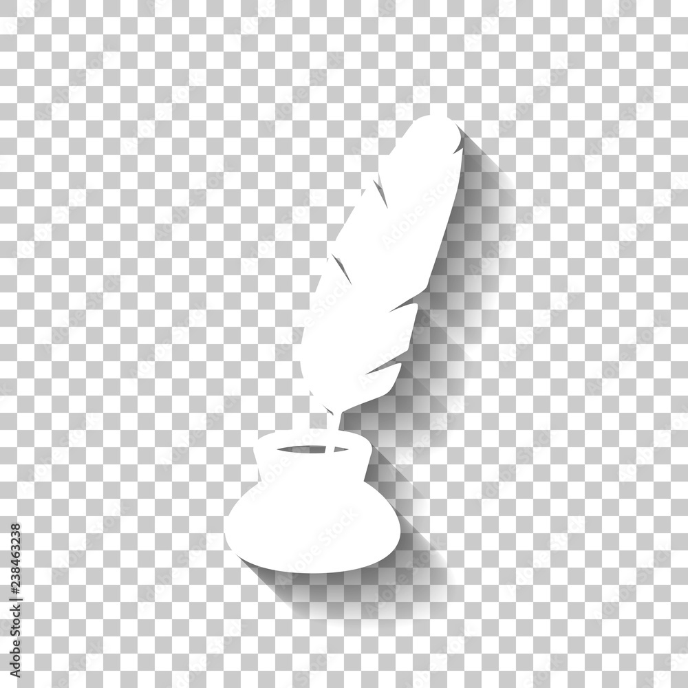 Ink and feather, sign of author. Simple icon. White icon with shadow on ...