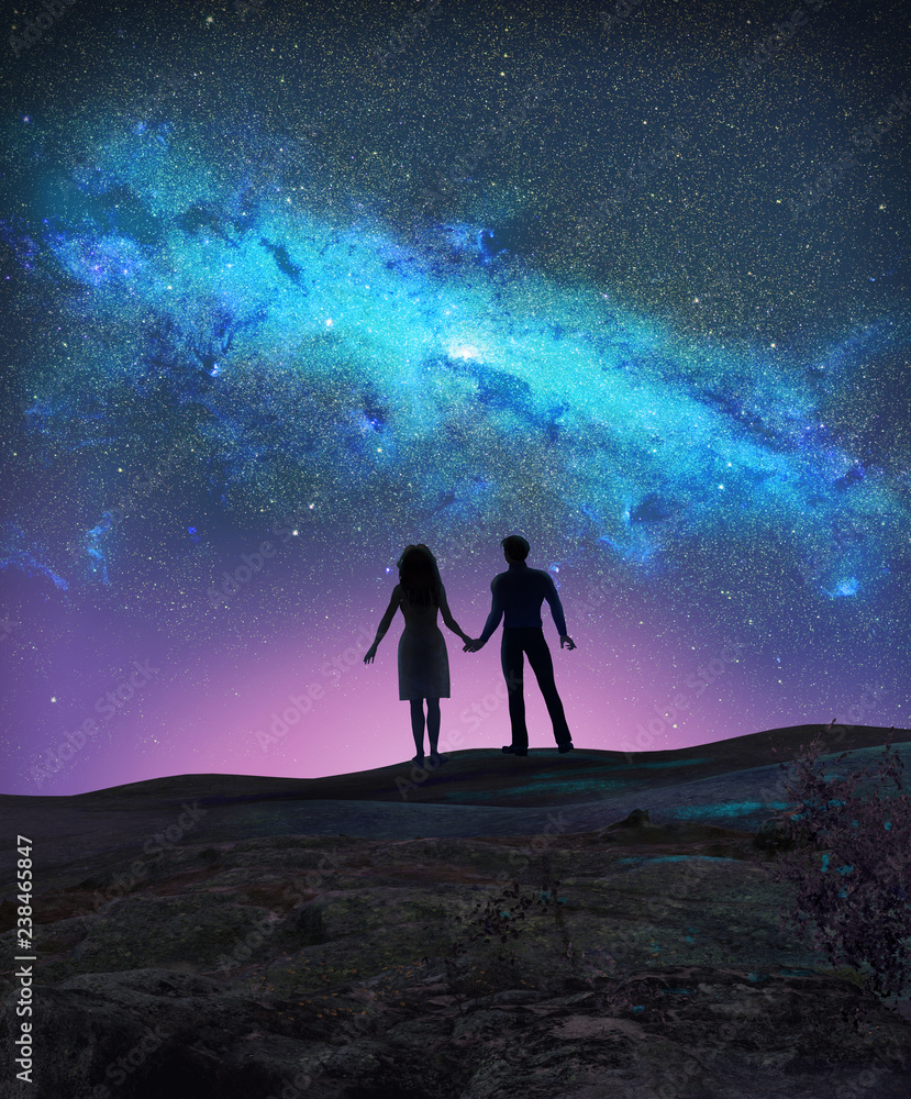 Couple holding hands looking Milky Way galaxy stars Stock Illustration ...