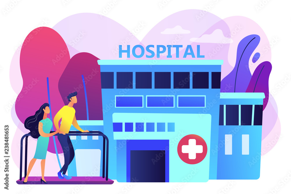 Vetor de Therapist working with patient at rehabilitation center ...