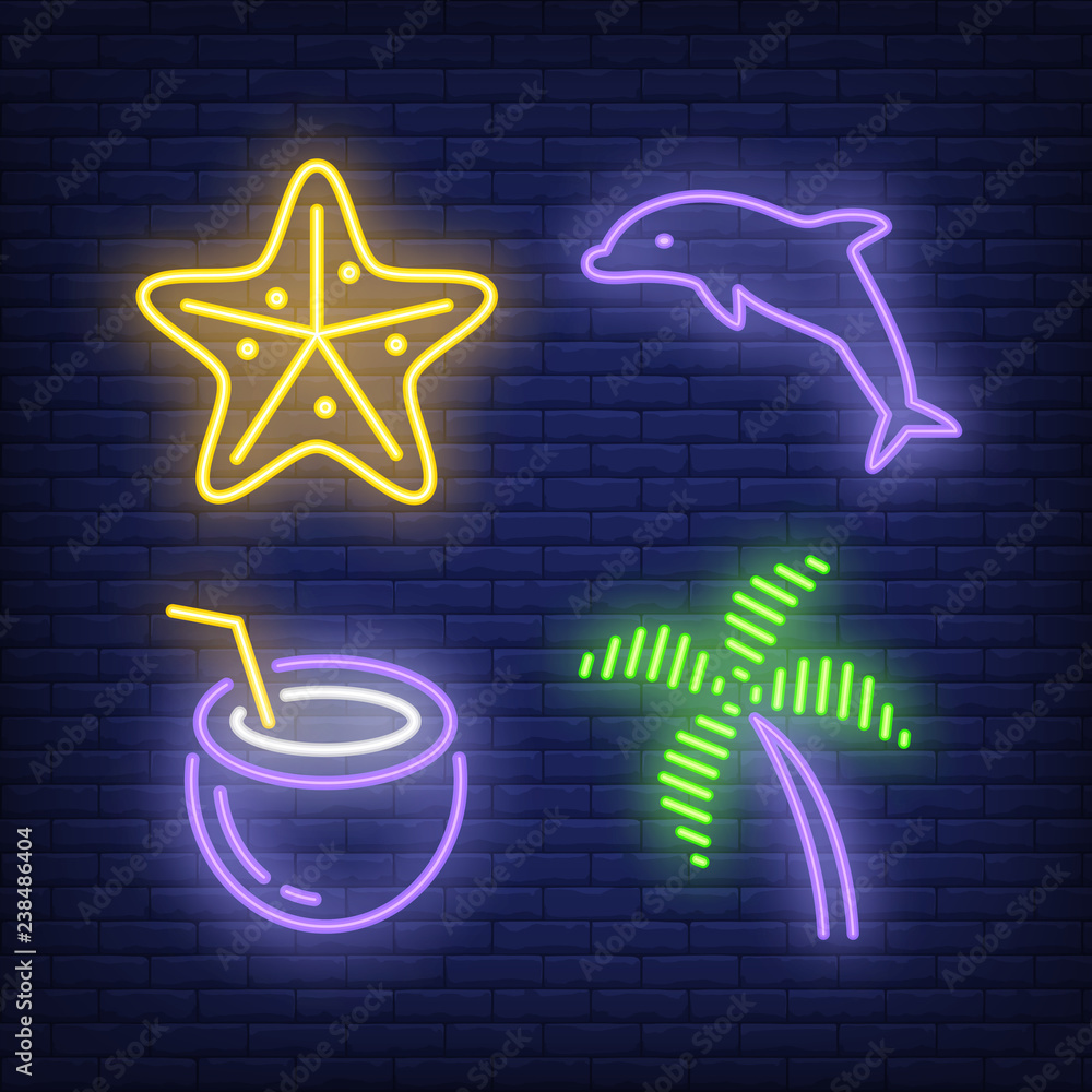 Dolphin, palm tree, starfish and cocktail neon signs set. Vacation ...