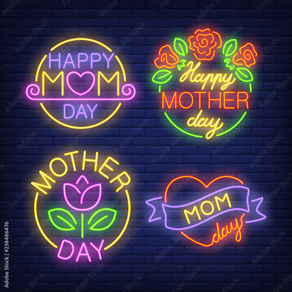 Mother Day neon signs set with flowers. Advertisement design. Night ...