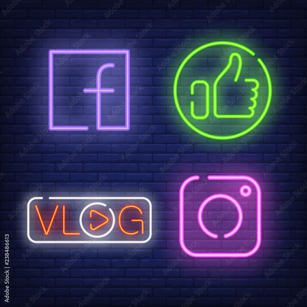 Social media neon signs set with thumb up, letter f, vlog icon and ...