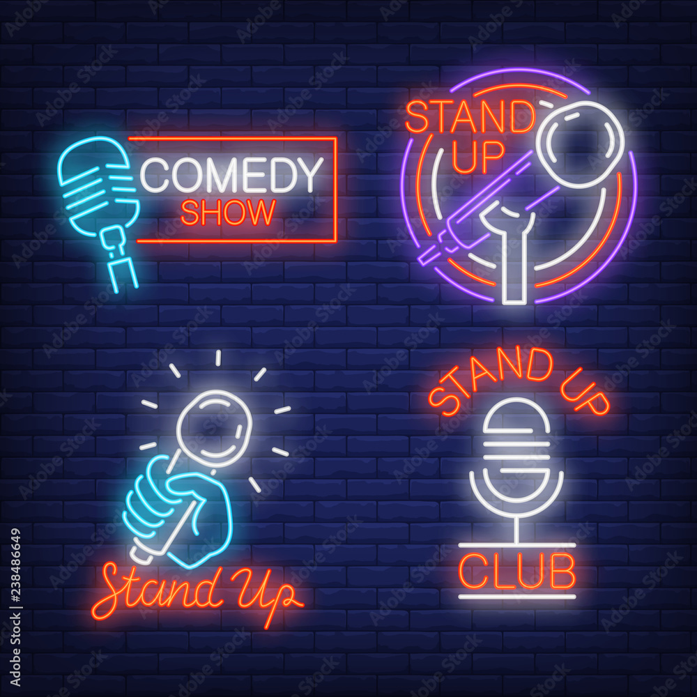 Stand up show neon signs set with microphones. Concert and ...