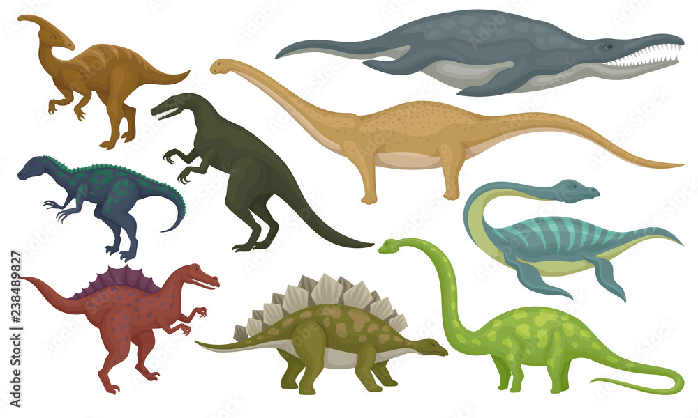 Flat vector set of prehistoric animals. Dinosaurs and sea monsters ...