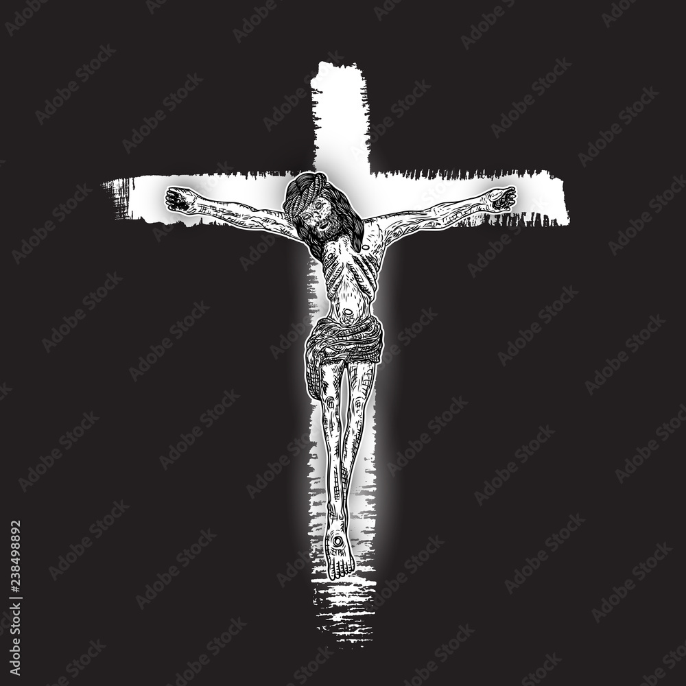 Vecteur Stock Jesus Christ crucifixion on hand painted ink brush cross ...