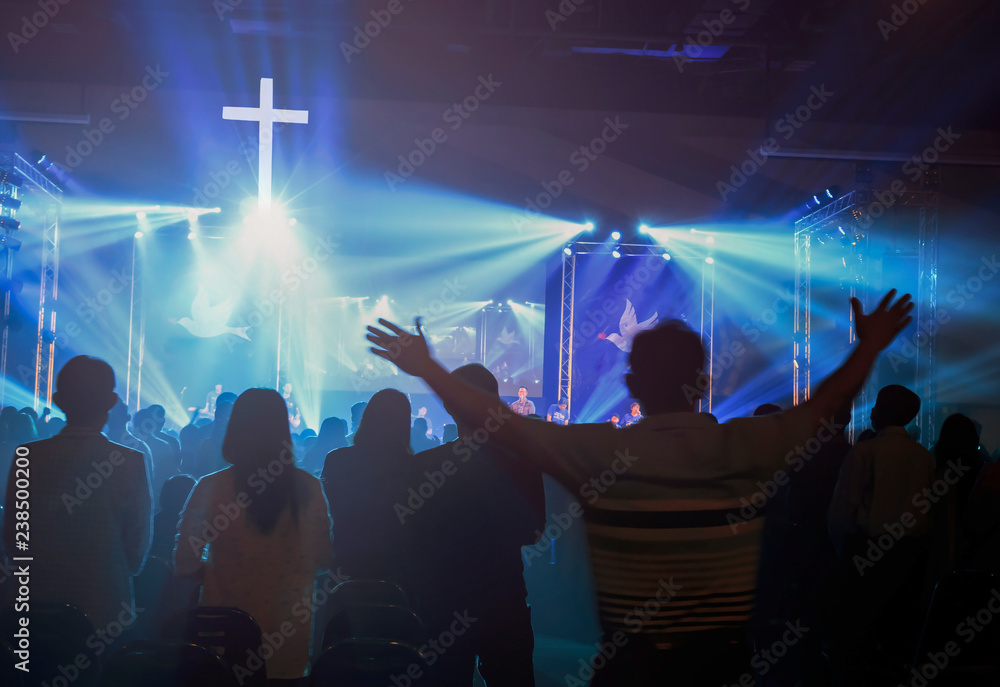 Christmas concept: Blurred Christian Congregation Worship God together ...