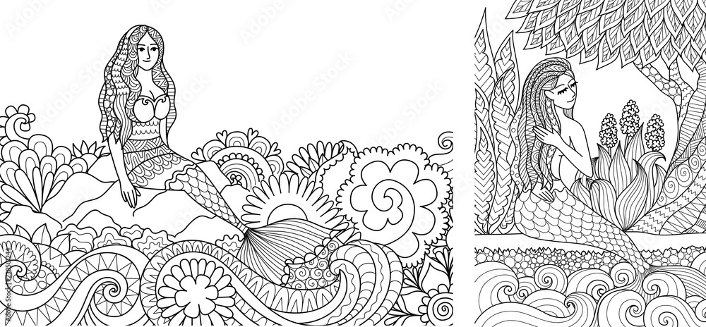 Pretty mermaid sitting on stone and beautiful ocean wave for adult ...