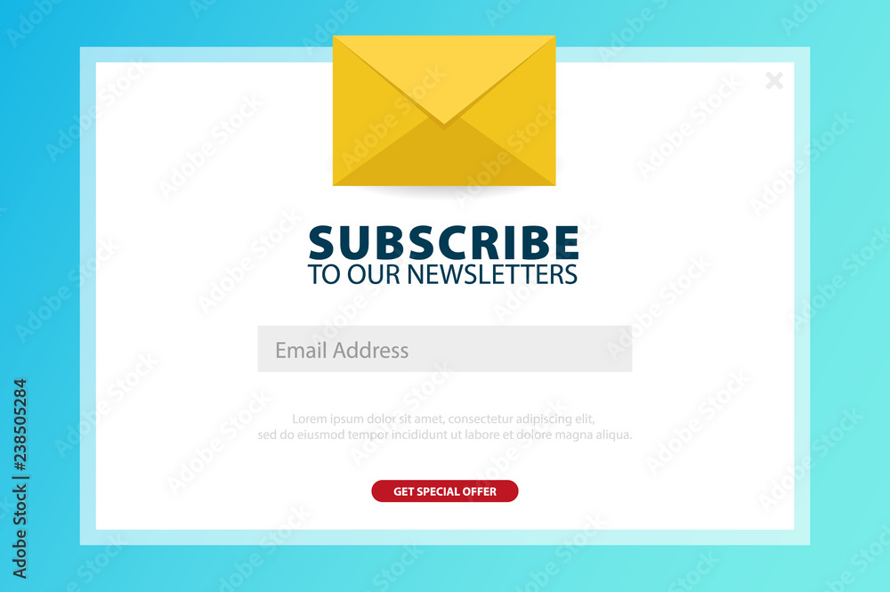 Email subscribe, online newsletter, submit button. Envelope and subscribe button. UI UX design ...