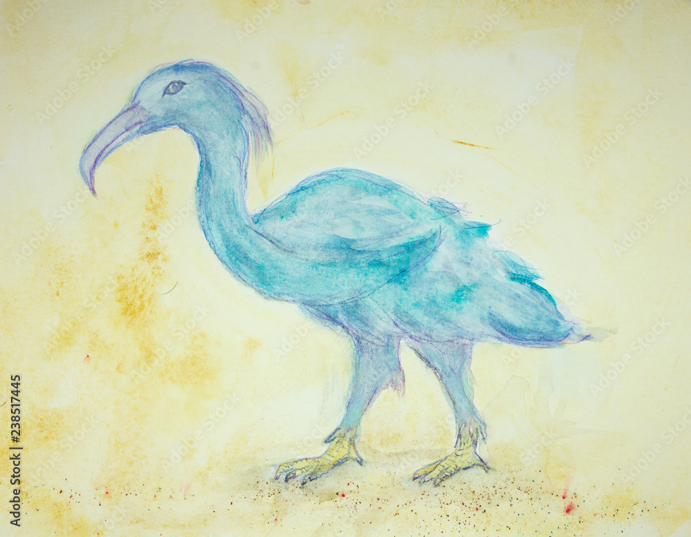 Blue ibis painting with gold background. The dabbing technique near the ...