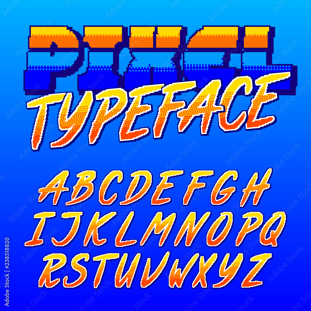 Pixel typeface. Retro arcade game alphabet font. Uppercase script ...