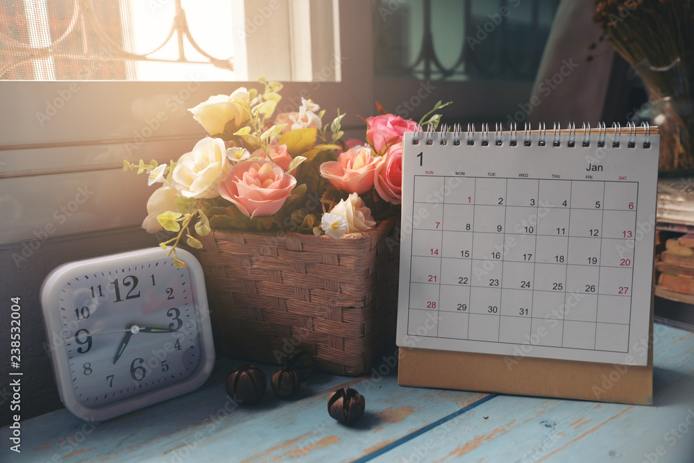 Desktop Calendar 2019 place on wooden office desk.Calender and notebook ...