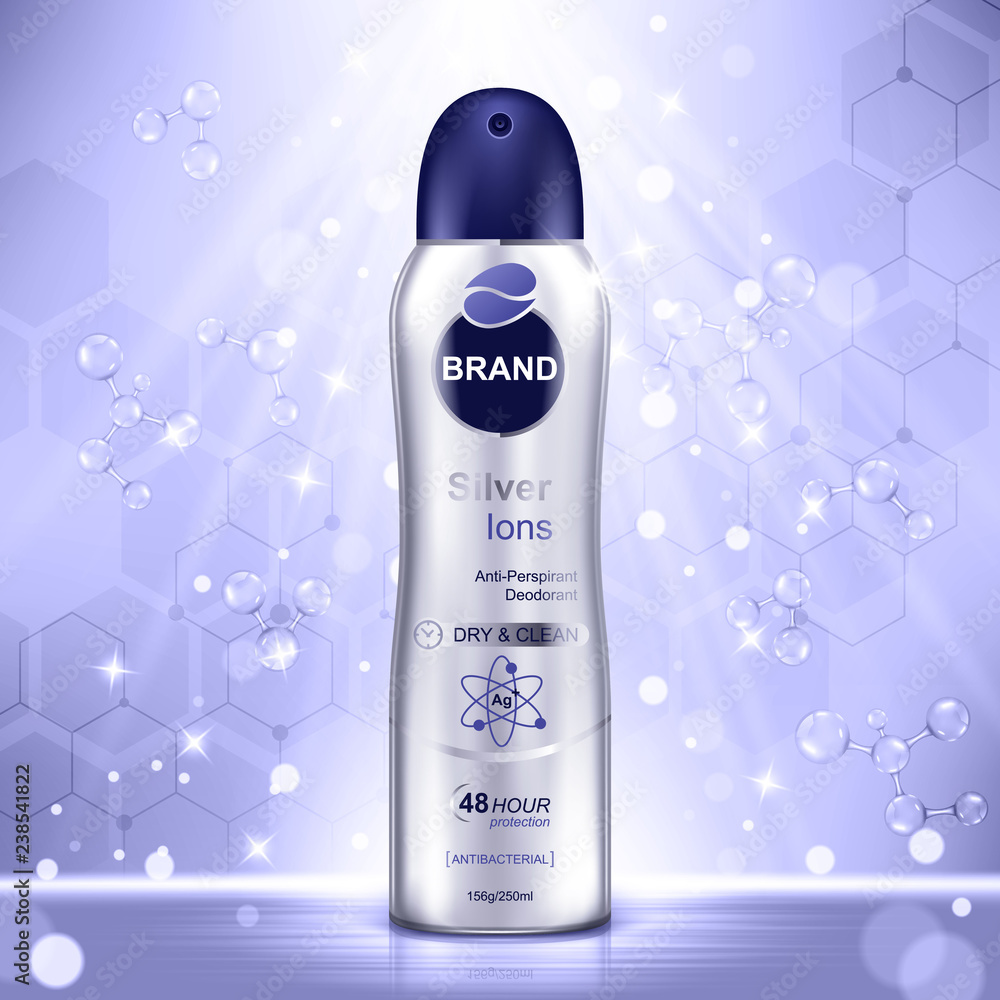 Cosmetic ads template, deodorant bottle with purple molecules and ...