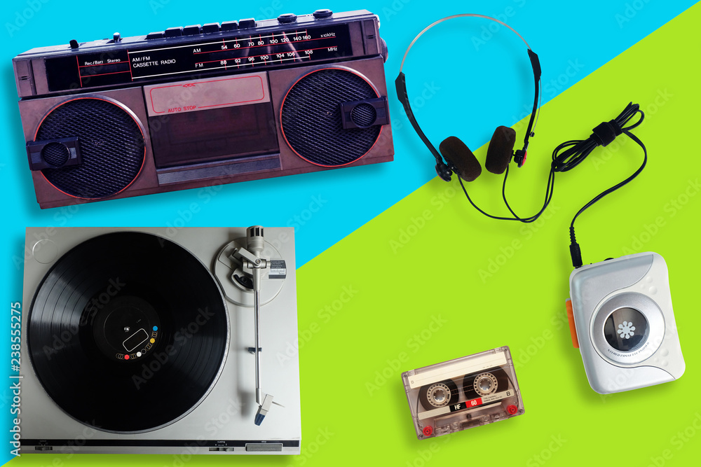 Old retro Vinyl record player or turntable, Portable tape player with ...