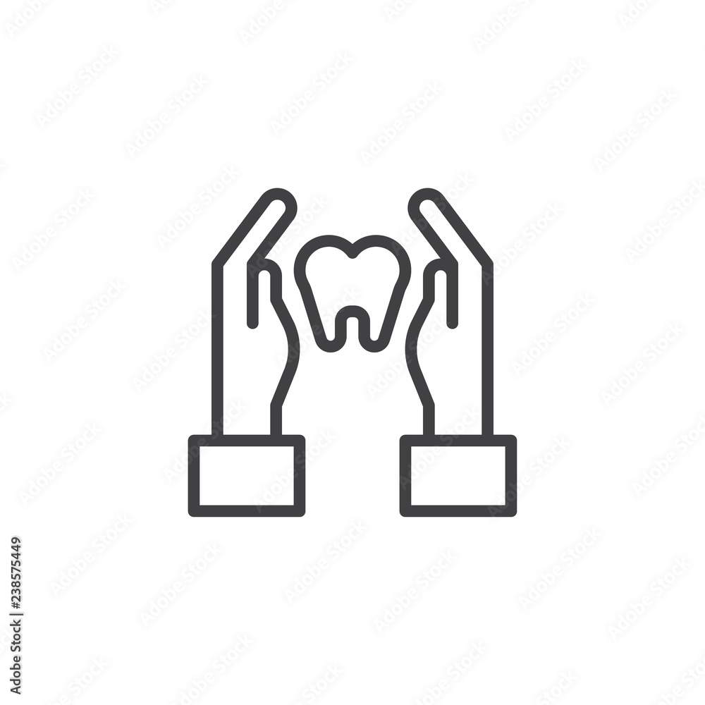 Hands hold tooth outline icon. linear style sign for mobile concept and ...