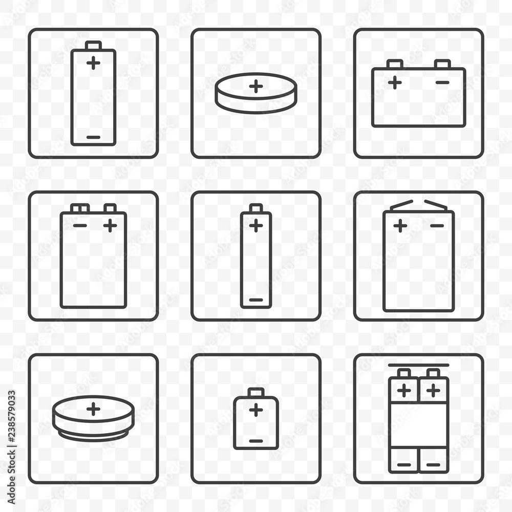 Set of contour battery icons. Vector on transparent background. Each ...