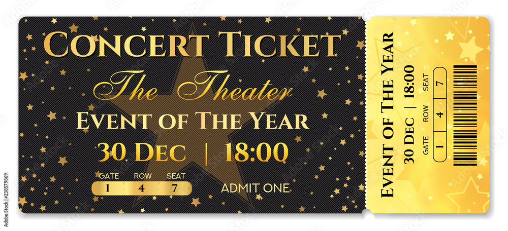 Admission ticket template. Vector mockup concert ticket (tear-off) with ...
