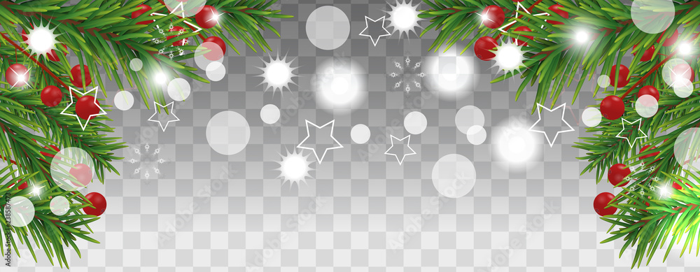 Christmas and happy New Year bright banner with Christmas tree branches ...