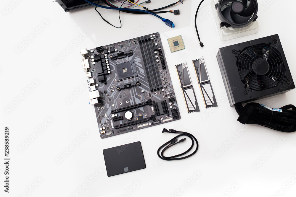 Building Parts of a Desktop Computer on solid white background Stock ...