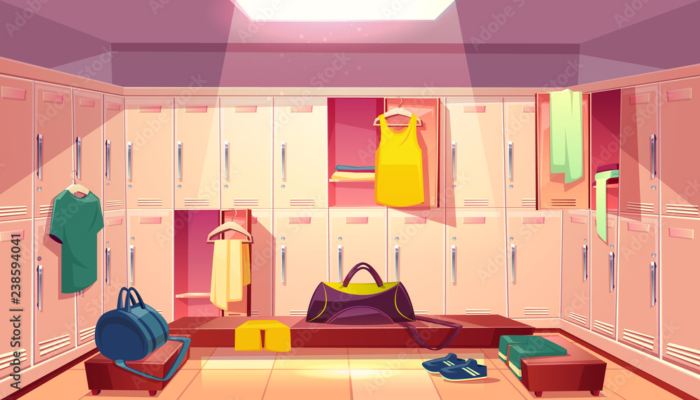 Vector cartoon school gym with wardrobe, changing room with open ...