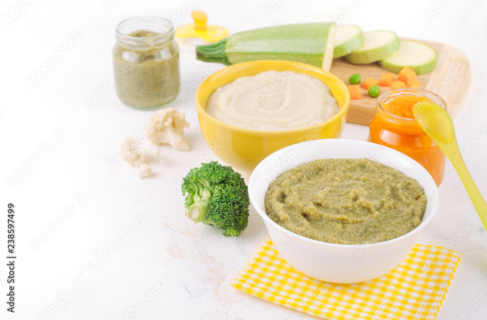 Different types of vegetable puree on the light background near ...
