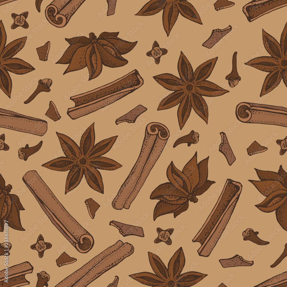 Cinnamon sticks, anise star and cloves seamless pattern. Seasonal food vector illustration ...