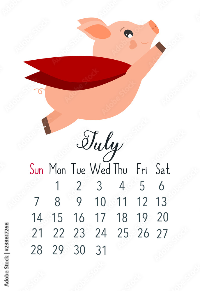 Vector cartoon style illustration of July 2019 year cute calendar page ...