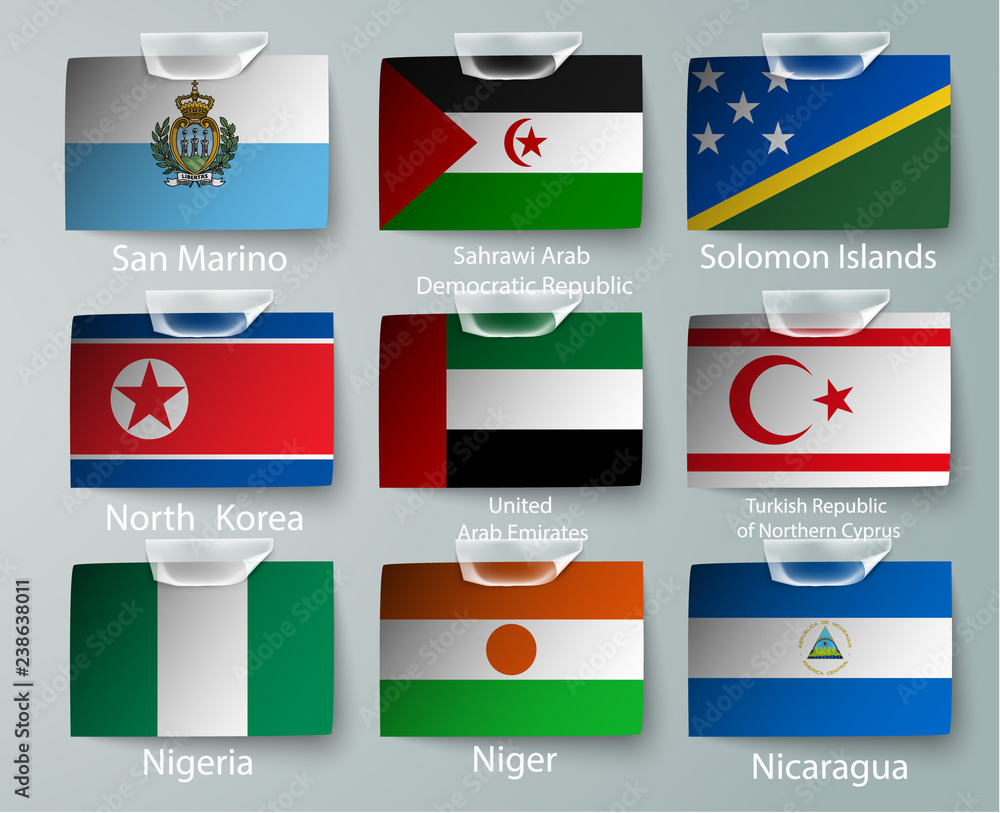 realistic set of flags of paper of countries with tapes Stock Vector ...