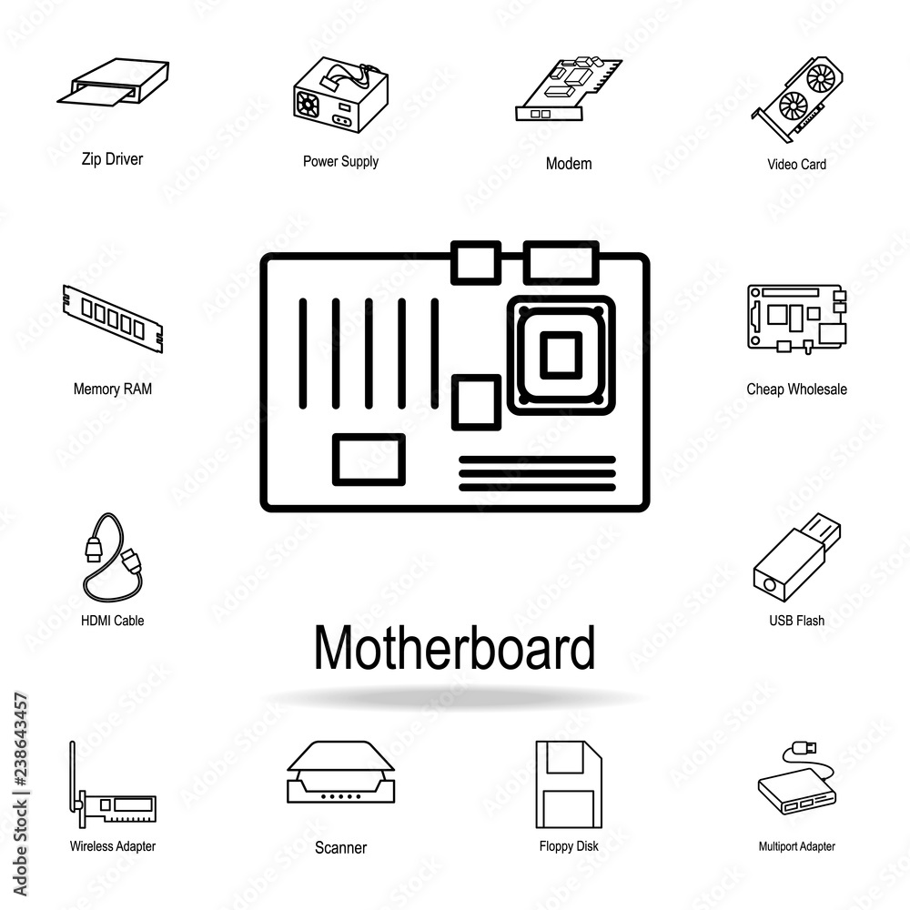 PC motherboard icon. Detailed set of computer part icons. Premium ...