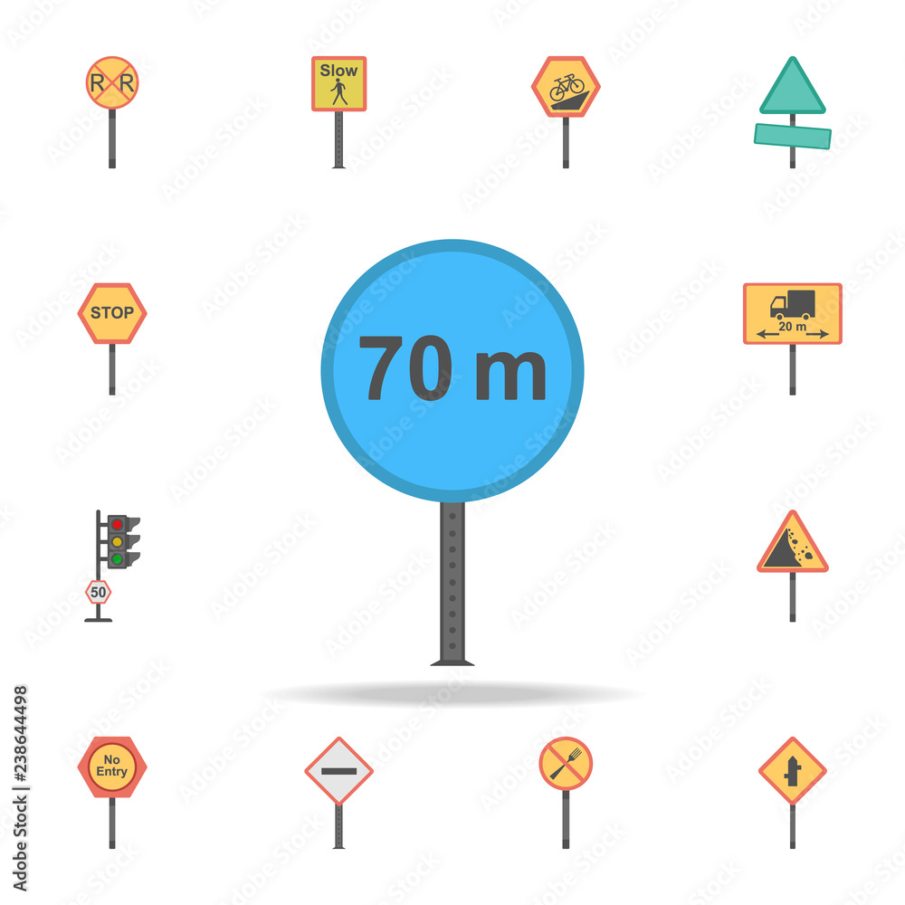 70 meter minimum distance colored icon. Detailed set of color road sign ...