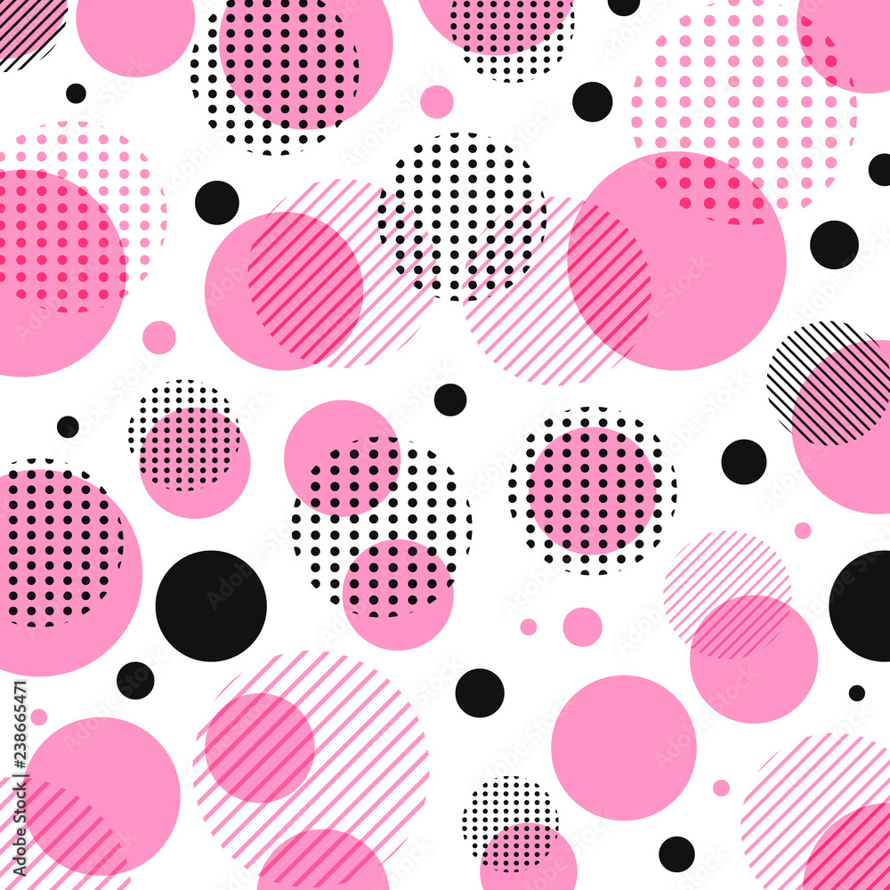 Abstract modern pink, black dots pattern with lines diagonally on white ...
