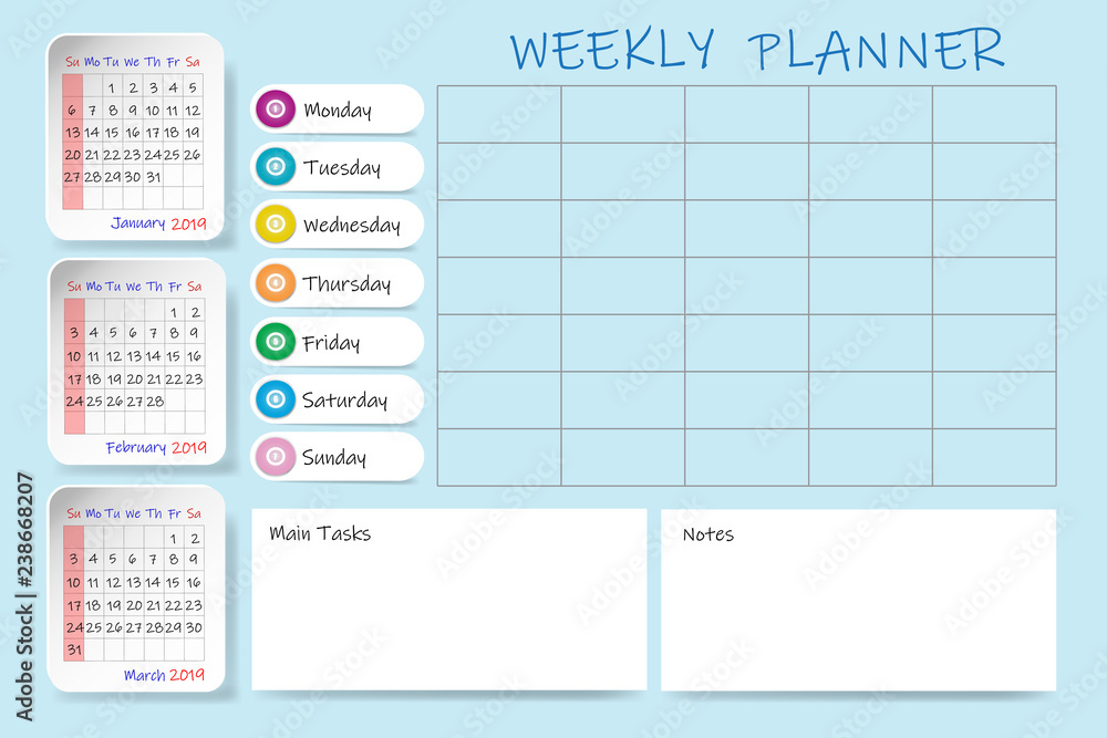 Calendar for first quarter of 2019 year with weekly planner chart and ...