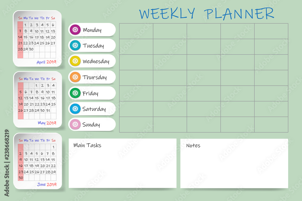 Calendar for second quarter of 2019 year with weekly planner chart and ...