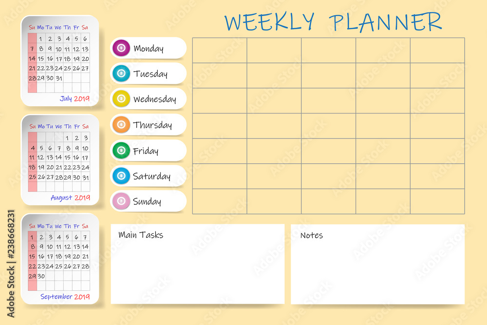 Calendar for third quarter of 2019 year with weekly planner chart and ...