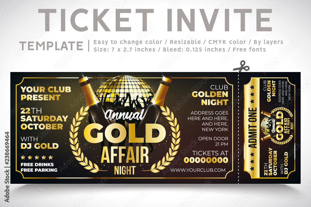 Invitation Ticket. Ticket party, new year invite. gold champagne ...