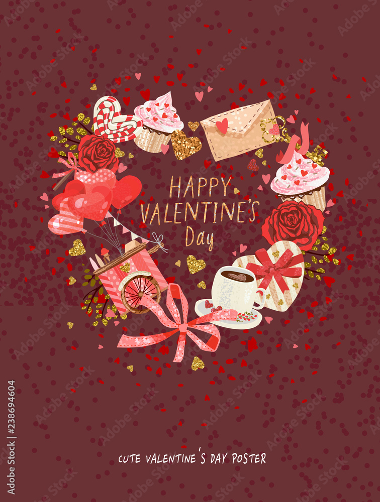 cute poster, valentines day greetings, heart shape frame, vector ...